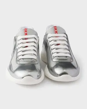 Prada America's Cup Metallic Leather And Bike Fabric Lace Up Sneakers - Silver