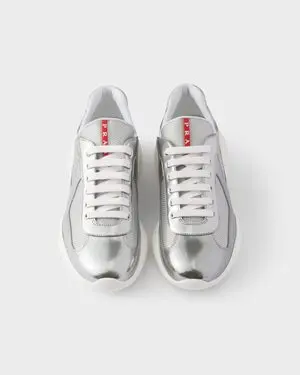 Prada America's Cup Metallic Leather And Bike Fabric Lace Up Sneakers - Silver