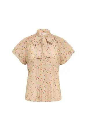 MAISON COMMON Polka Dot Jacquard Blouse With Bow Tie And Pleating - Sand Multicolour
