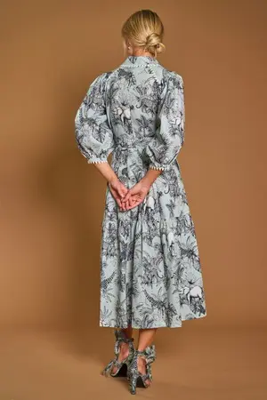 MAISON COMMON Printed Poplin Dress With Macrame Trim - Mint