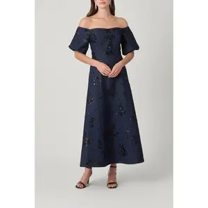 Shoshanna Sequin Embellished Off-the-shoulder Denim Maxi Dress
