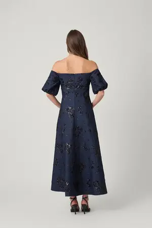 Shoshanna Sequin Embellished Off-the-shoulder Denim Maxi Dress