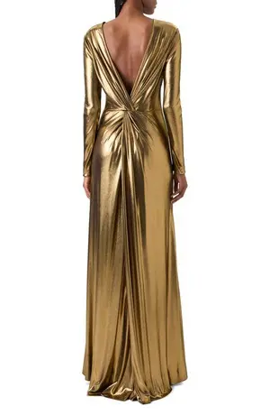 Akris Metallic Long Sleeve Twist Back Jersey Gown
