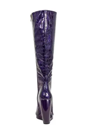 AZALEA WANG Camilla Croc Embossed Peep Toe Wedge Boot - Purple
