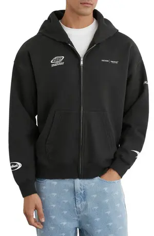 REISS Ashlam Full Zip Graphic Hoodie - Washed Black