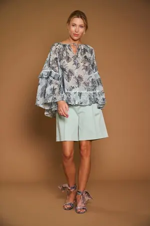 MAISON COMMON Printed Batiste Blouse With Ruffles - Mint