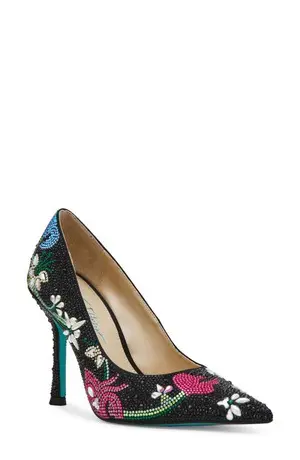 Betsey Johnson Crystal Floral Stiletto Pumps - Black Multi