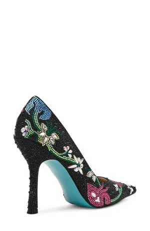 Betsey Johnson Crystal Floral Stiletto Pumps - Black Multi