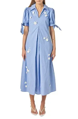 English Factory Striped Midi Dress With Flower Appliqués - Blue Stripe