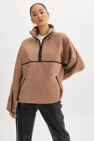 LAMARQUE Helsa Polar Fleece Pullover With Faux Leather Piping - Ses