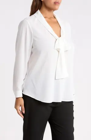 TAHARI ASL Draped Tie Neck Long Sleeve Crepe Shirt
