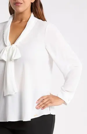 TAHARI ASL Draped Tie Neck Long Sleeve Crepe Shirt