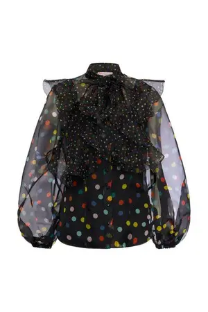 MAISON COMMON Printed Silk Organza Blouse With Flounces - Black Multicolour