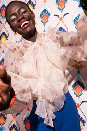 MAISON COMMON Printed Silk Organza Blouse With Flounces Polka Dot Print - Sand Multicolour