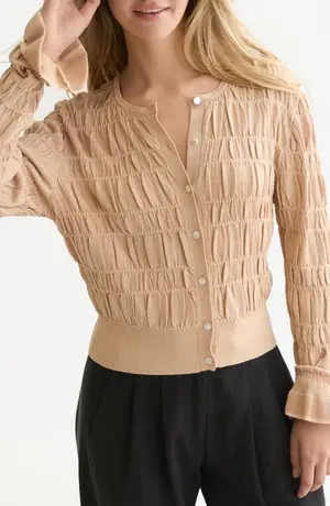 Scotch & Soda Smock Stitch Crewneck Cardigan - Shifting Sand