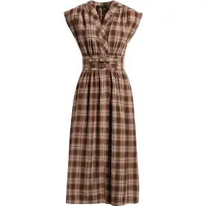 Deluc Plaid Cotton Midi Dress With Belted Waist - Brown Checks