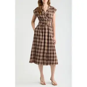 Deluc Elton Plaid Cotton Midi Dress - Brown Checks