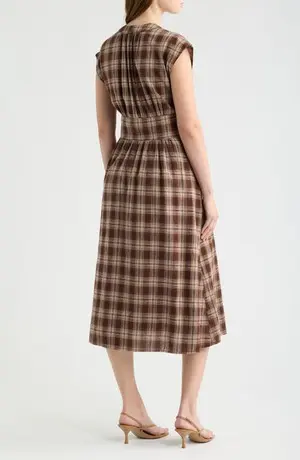 Deluc Plaid Cotton Midi Dress With Belted Waist - Brown Checks