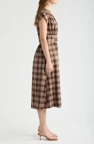 Deluc Plaid Cotton Midi Dress With Belted Waist - Brown Checks