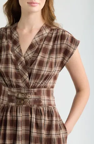 Deluc Plaid Cotton Midi Dress With Belted Waist - Brown Checks