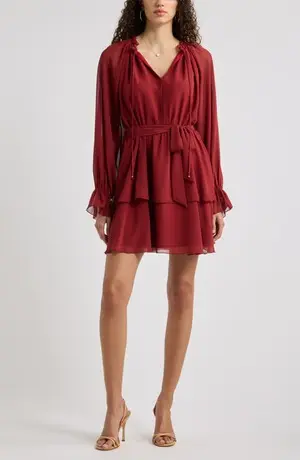 Chelsea28 Floral Chiffon Tiered Mini Dress - Red Pear