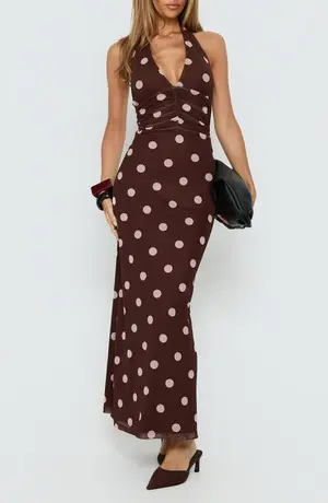 Princess Polly Saviana Halter Ruched Maxi Dress - Chocolate