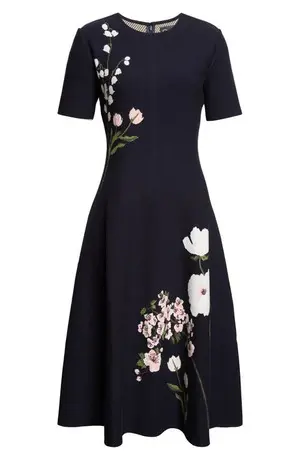Oscar De La Renta Mixed Botanical Jacquard Sweater Dress - Navy