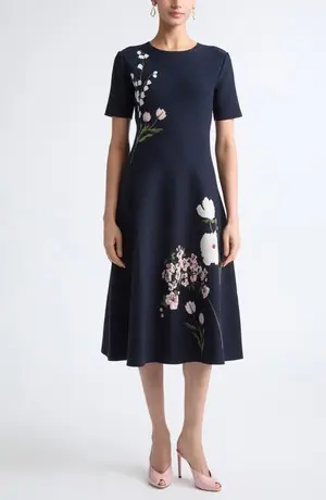 Oscar De La Renta Mixed Botanical Jacquard Sweater Dress - Navy