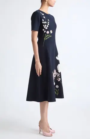 Oscar De La Renta Mixed Botanical Jacquard Sweater Dress - Navy