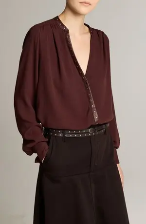 Vince Studded Placket Long Sleeve Top - Black Fig