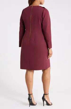 TAHARI ASL Long Sleeve Crepe Sheath Dress With Square Neckline And Button Details