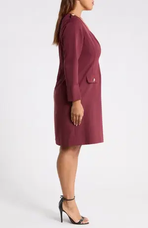 TAHARI ASL Long Sleeve Crepe Sheath Dress With Square Neckline And Button Details