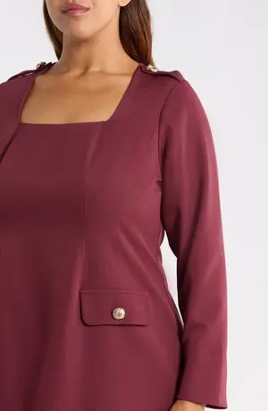 TAHARI ASL Long Sleeve Crepe Sheath Dress With Square Neckline And Button Details