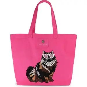 Kurt Geiger Canvas Shopper Tote With Embellished Cat Patch - Pink Cat