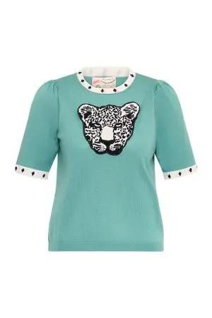 MAISON COMMON Light Pullover With Contrast Piping With Leopard Head Application - Mint