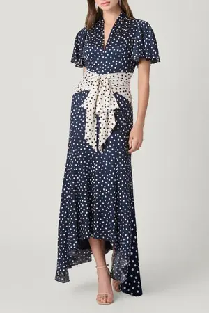 Shoshanna Polka Dot Satin Maxi Dress - Ivory/indigo
