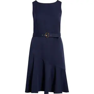 TAHARI ASL Sleeveless Belted Crepe Dress With Ruffle Hem - Navy