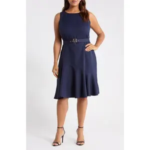 TAHARI ASL Belted Ruffle Hem Crepe Dress - Navy