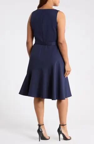 TAHARI ASL Sleeveless Belted Crepe Dress With Ruffle Hem
