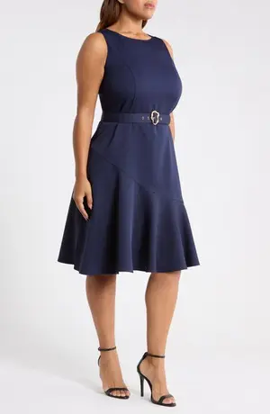 TAHARI ASL Sleeveless Belted Crepe Dress With Ruffle Hem