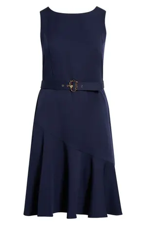 TAHARI ASL Sleeveless Belted Crepe Dress With Ruffle Hem