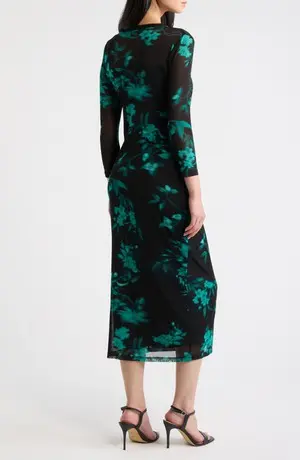 Anne Klein Floral Print Mesh Midi Dress