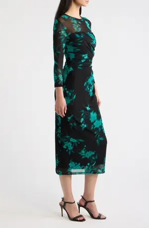 Anne Klein Floral Print Mesh Midi Dress
