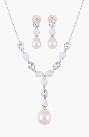 MODENAIRE Pearl Drop Necklace And Earrings Set With Crystals - Silver