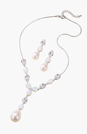 MODENAIRE Pearl Drop Necklace And Earrings Set With Crystals