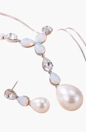 MODENAIRE Pearl Drop Necklace And Earrings Set With Crystals
