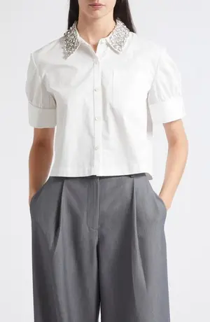 TOCCIN Zadie Rhinestone Embellished Stretch Poplin Cropped Shirt