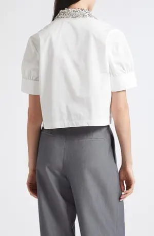 TOCCIN Zadie Rhinestone Embellished Stretch Poplin Cropped Shirt