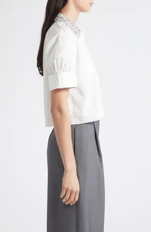 TOCCIN Zadie Rhinestone Embellished Stretch Poplin Cropped Shirt
