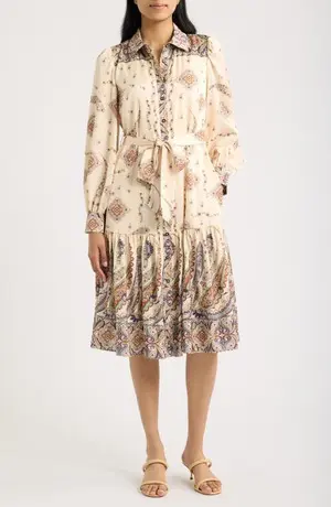 Julia Jordan Mixed Paisley Long Sleeve Midi Shirtdress - Ivory Multi